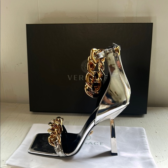Versace | Shoes | Versace Silver And Gold Heels With Metallic Finish ...
